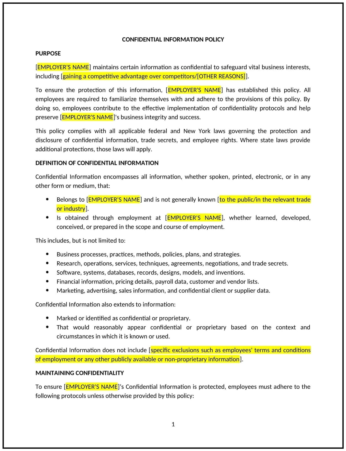 Confidential information policy (New York): Free template