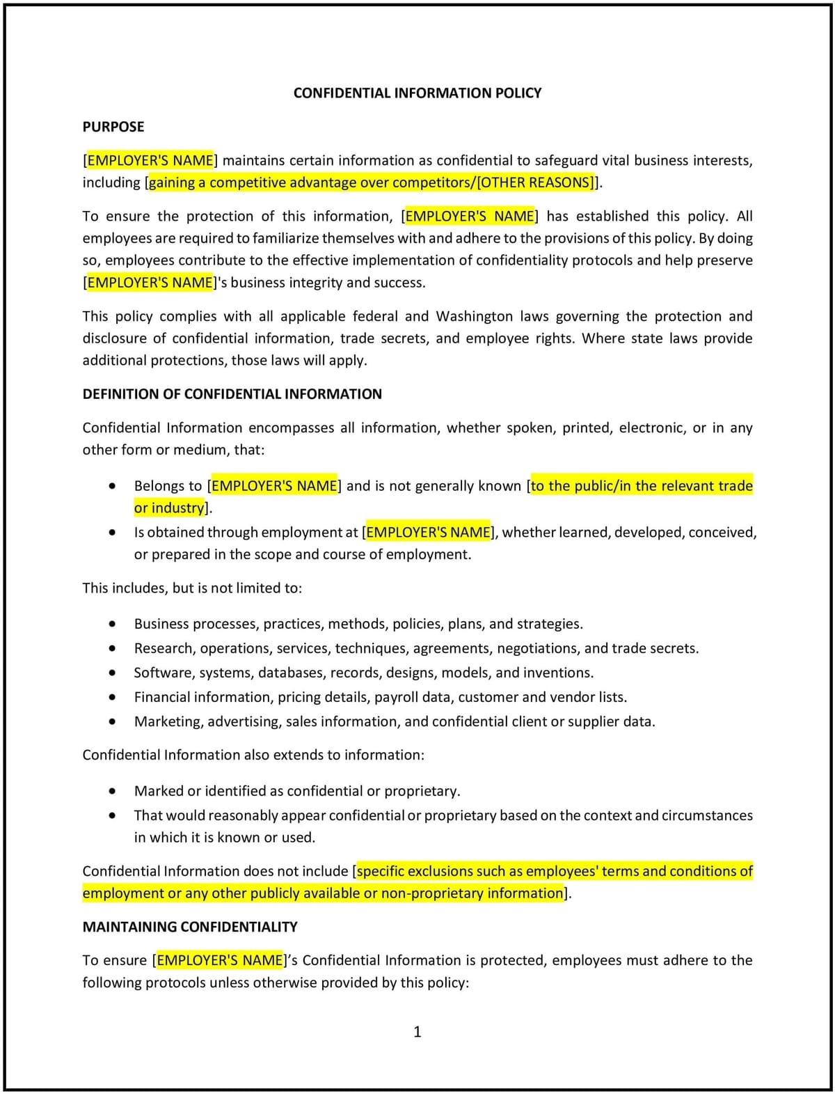 Confidential information policy (Washington): Free template