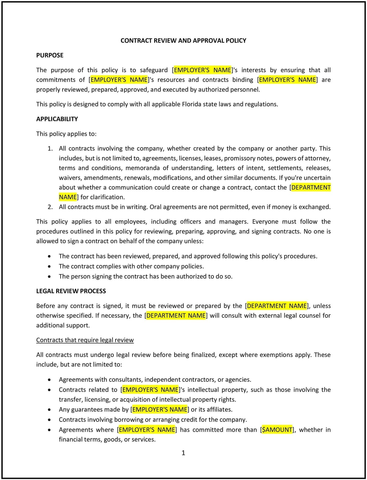 Contract review and approval policy (Florida): Free template