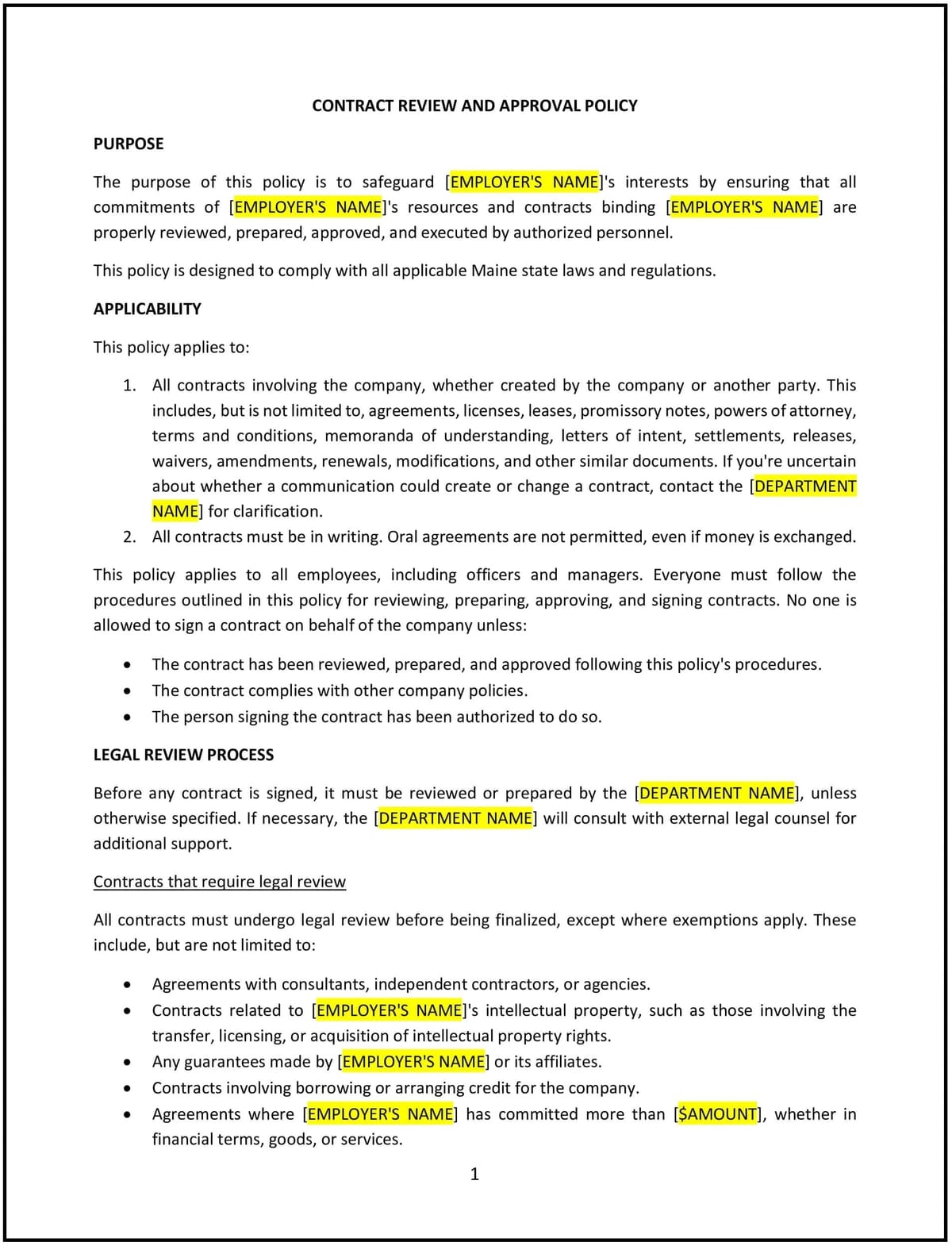 Contract review and approval policy (Maine): Free template