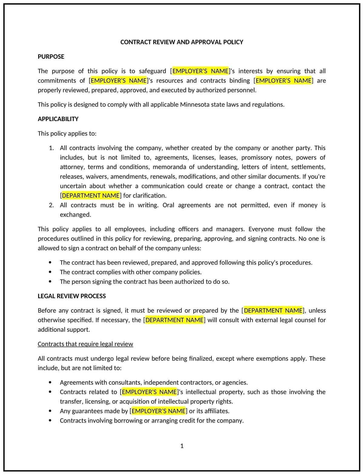 Contract review and approval policy (Minnesota): Free template