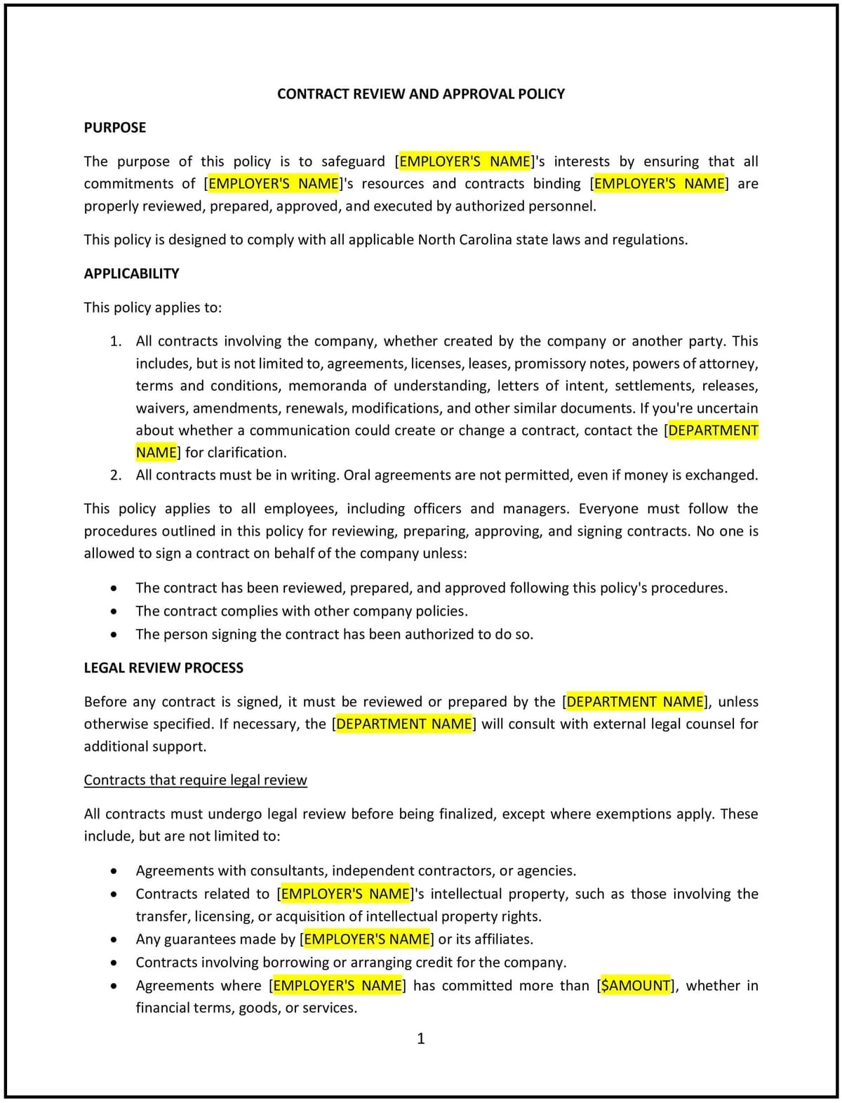 Contract review and approval policy (North Carolina): Free template