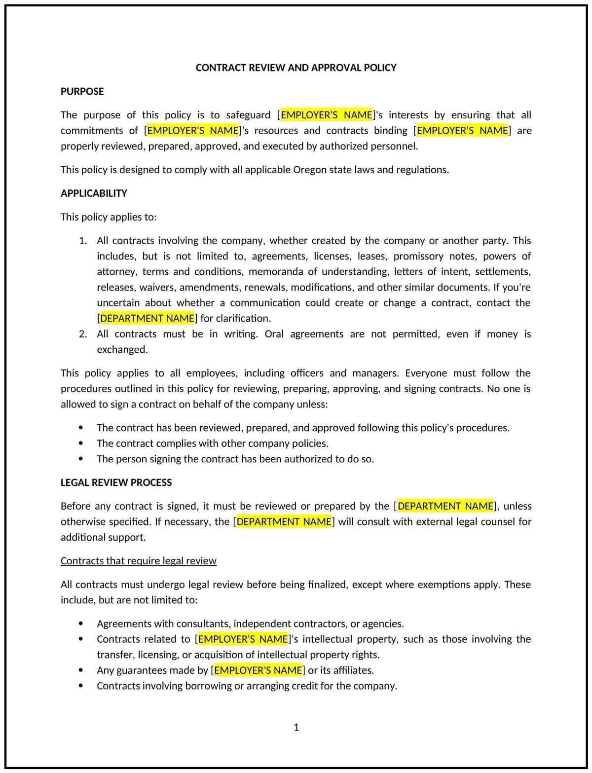 Contract review and approval policy (Oregon): Free template