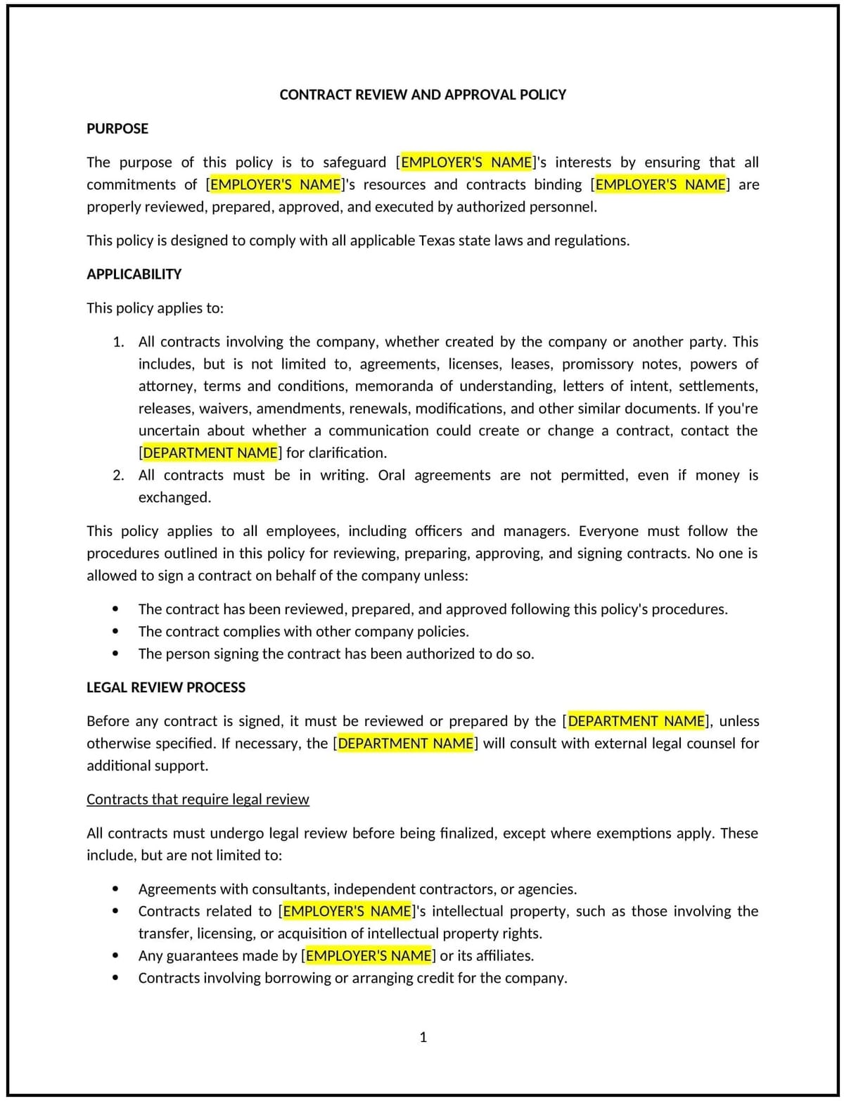 Contract review and approval policy (Texas): Free template