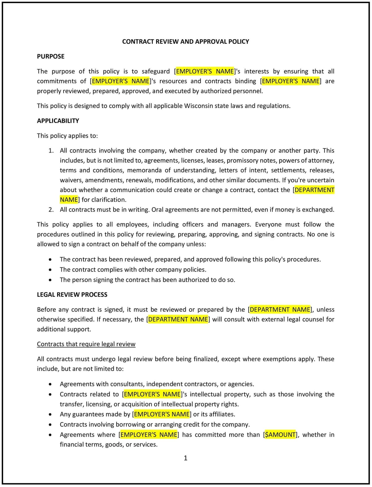 Contract review and approval policy (Wisconsin): Free template