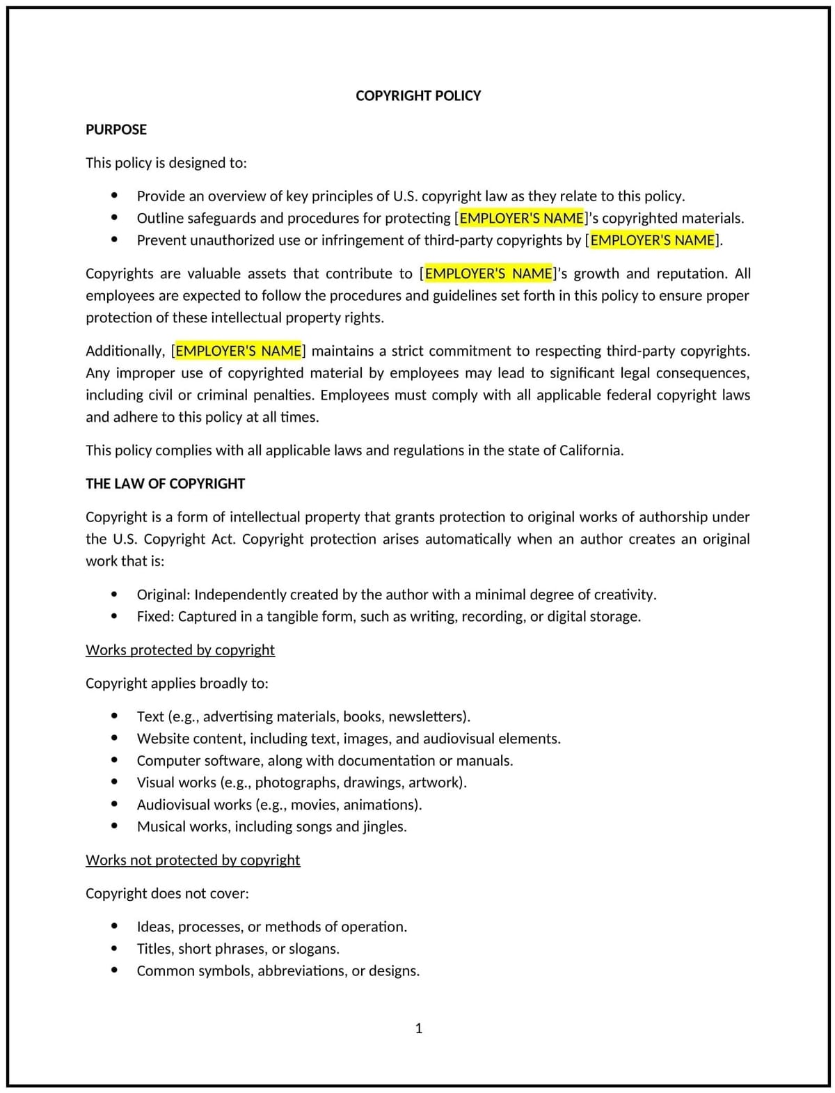 Copyright policy (California): Free template