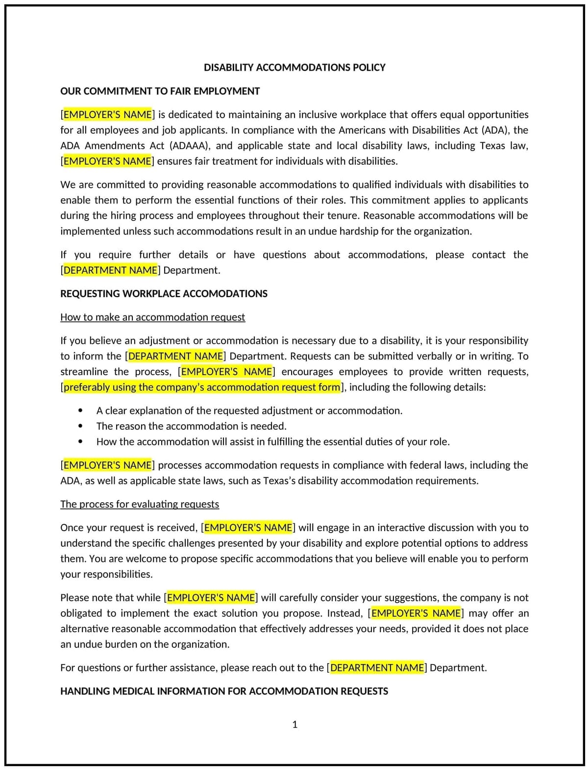 Disability accommodations policy (Texas): Free template