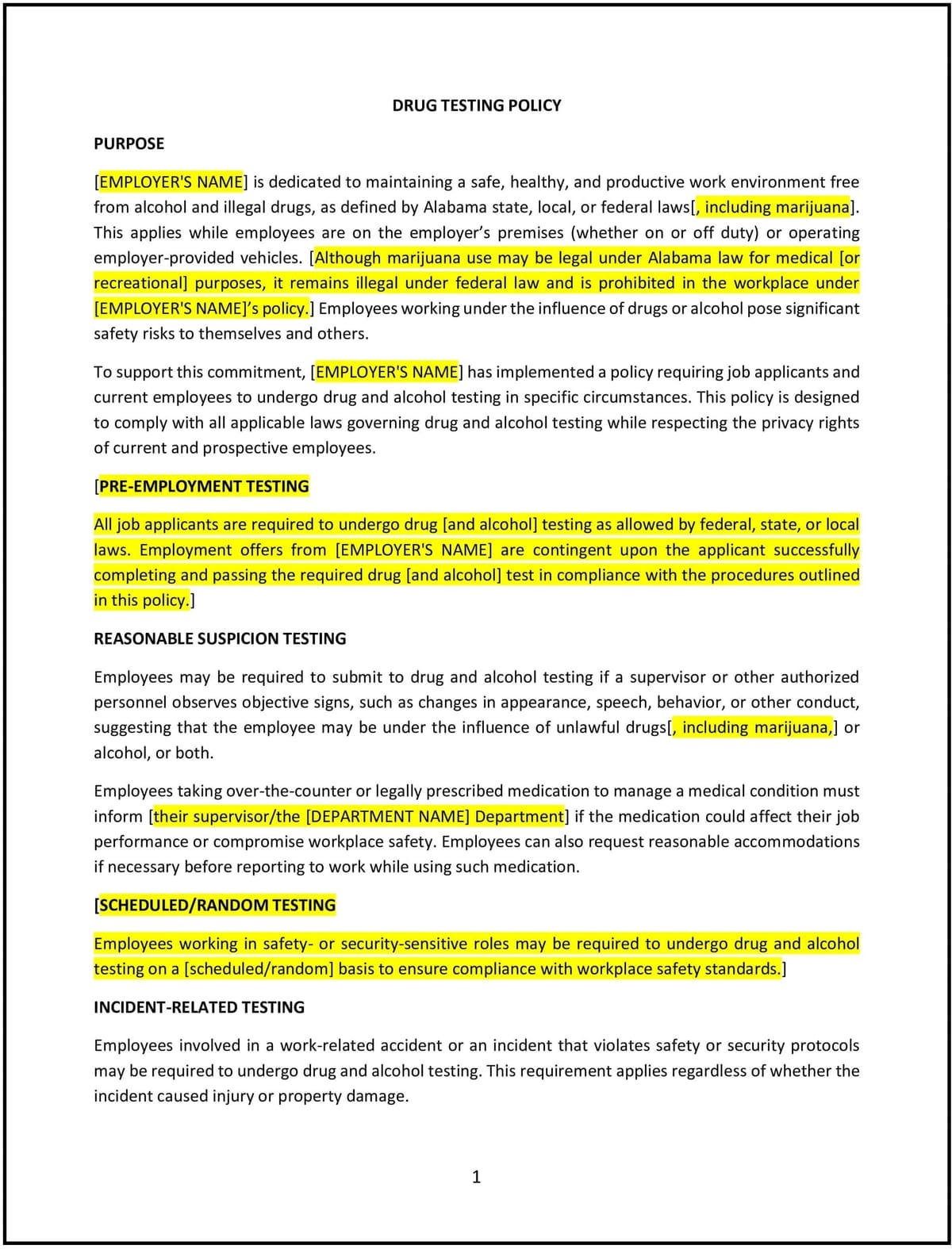 Drug testing policy (Alabama): Free template