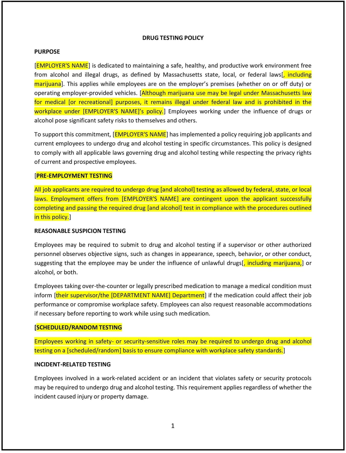 Drug testing policy (Massachusetts): Free template