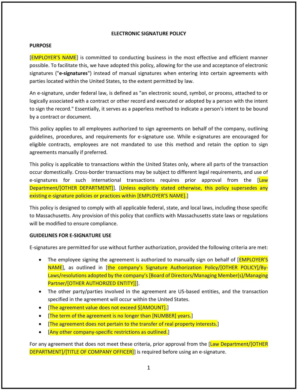 Electronic signature policy (Massachusetts): Free template