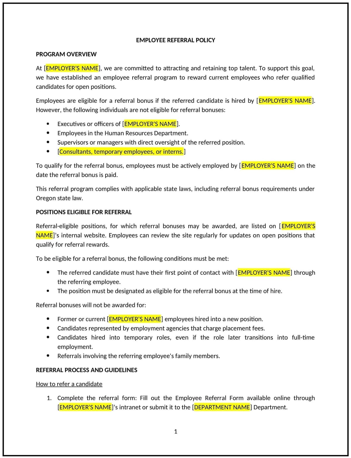 Employee referral policy (Oregon): Free template