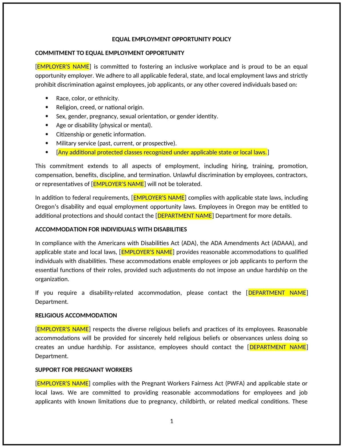 Equal employment opportunity policy (Oregon): Free template
