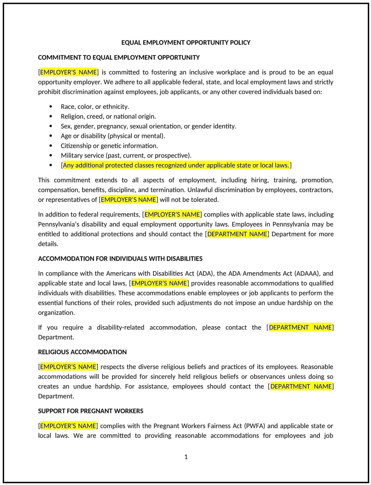 Equal employment opportunity policy (Pennsylvania): Free template