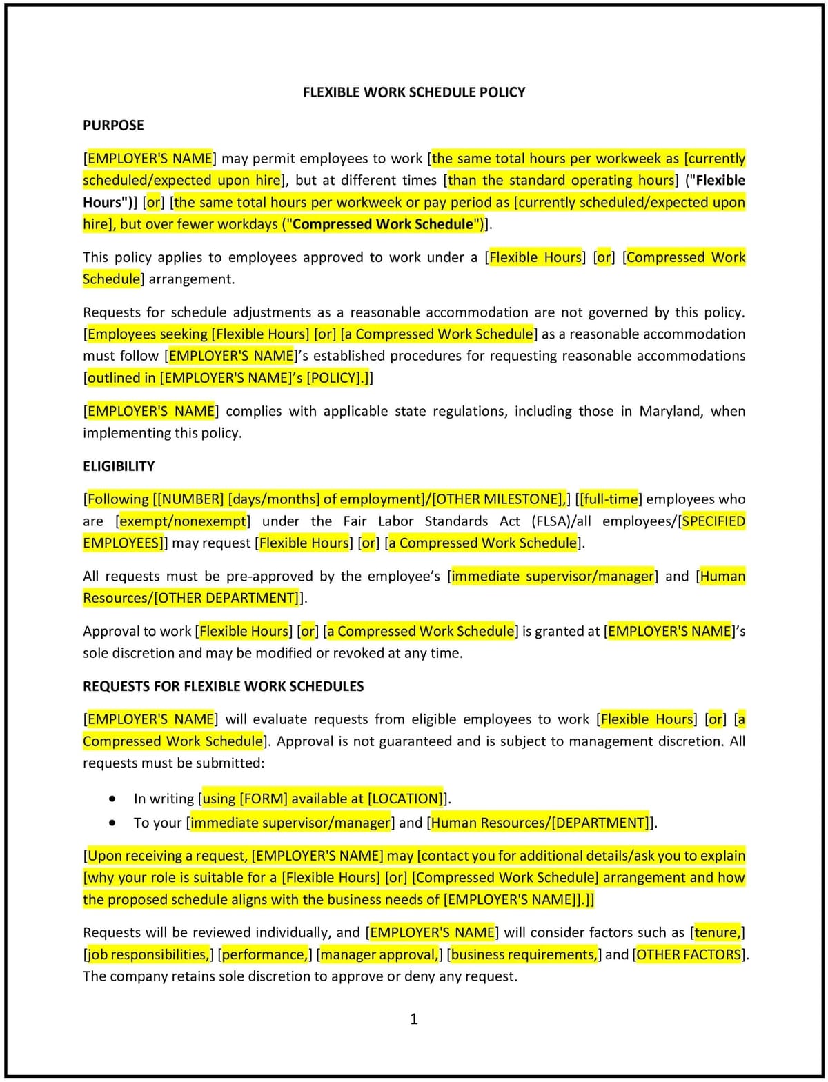 Flexible work schedule policy (Maryland): Free template