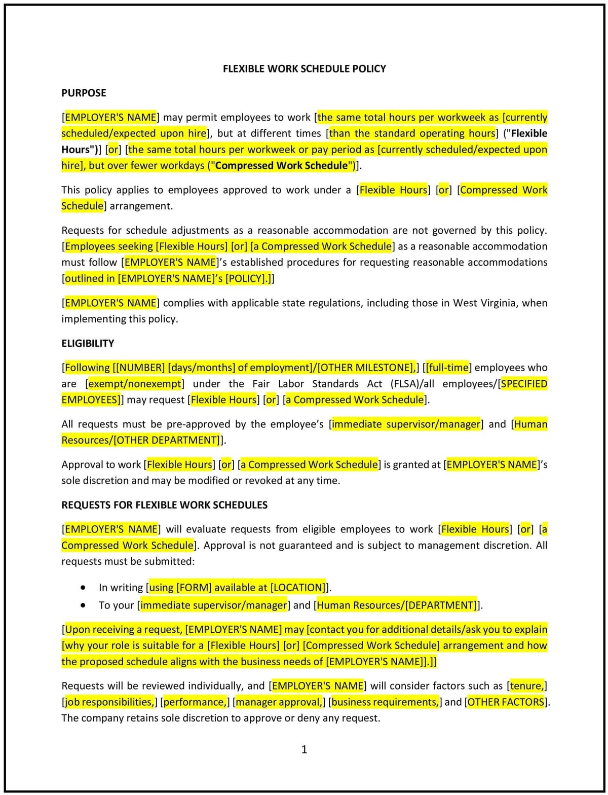 Flexible work schedule policy (West Virginia): Free template