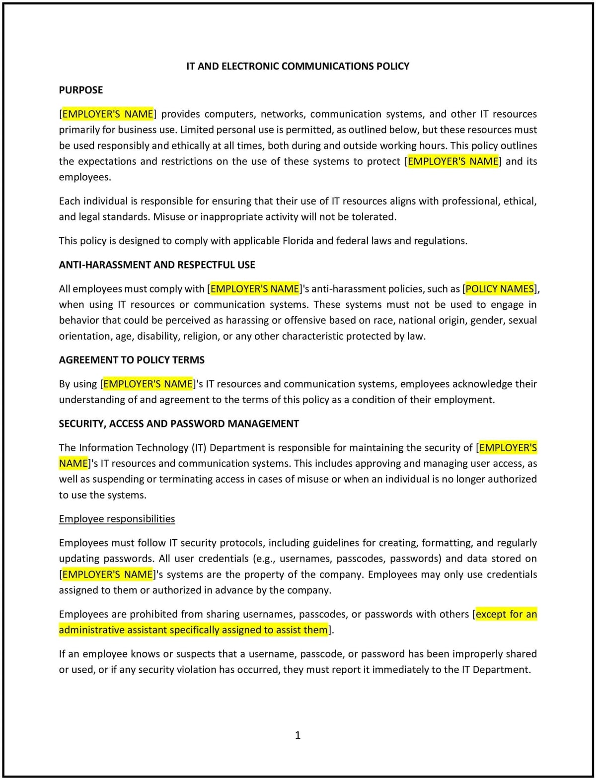 IT and electronics communications policy (Florida): Free template