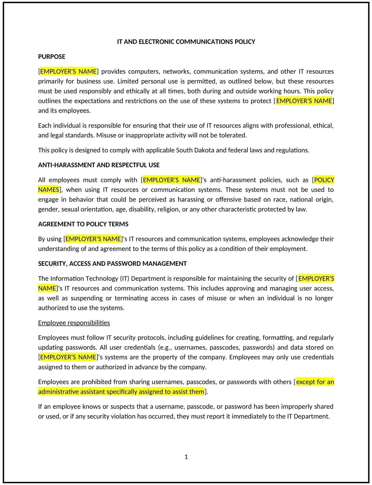 IT and electronic communications policy (South Dakota): Free template