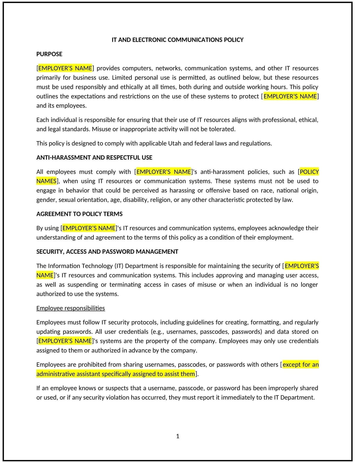 IT and electronic communications policy (Utah): Free template