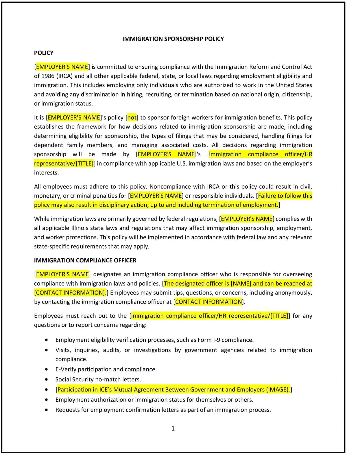 Immigration sponsorship policy (Illinois): Free template