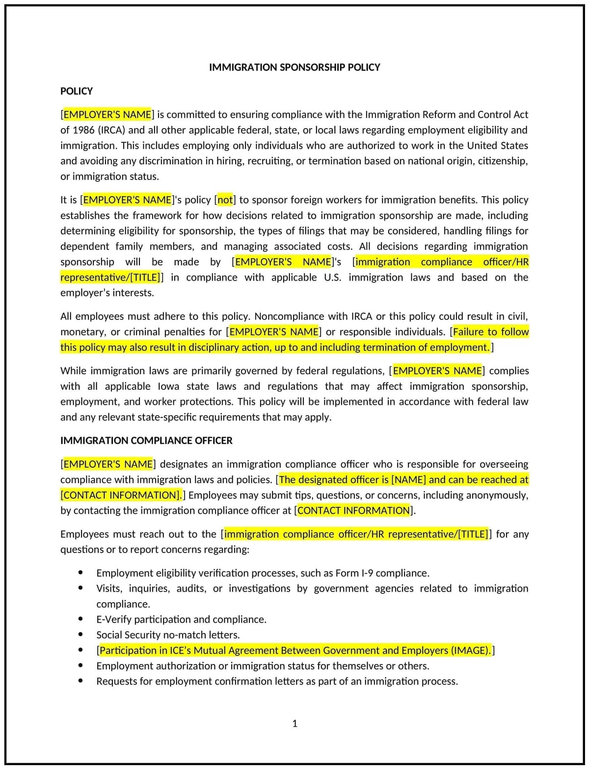 Immigration sponsorship policy (Iowa): Free template