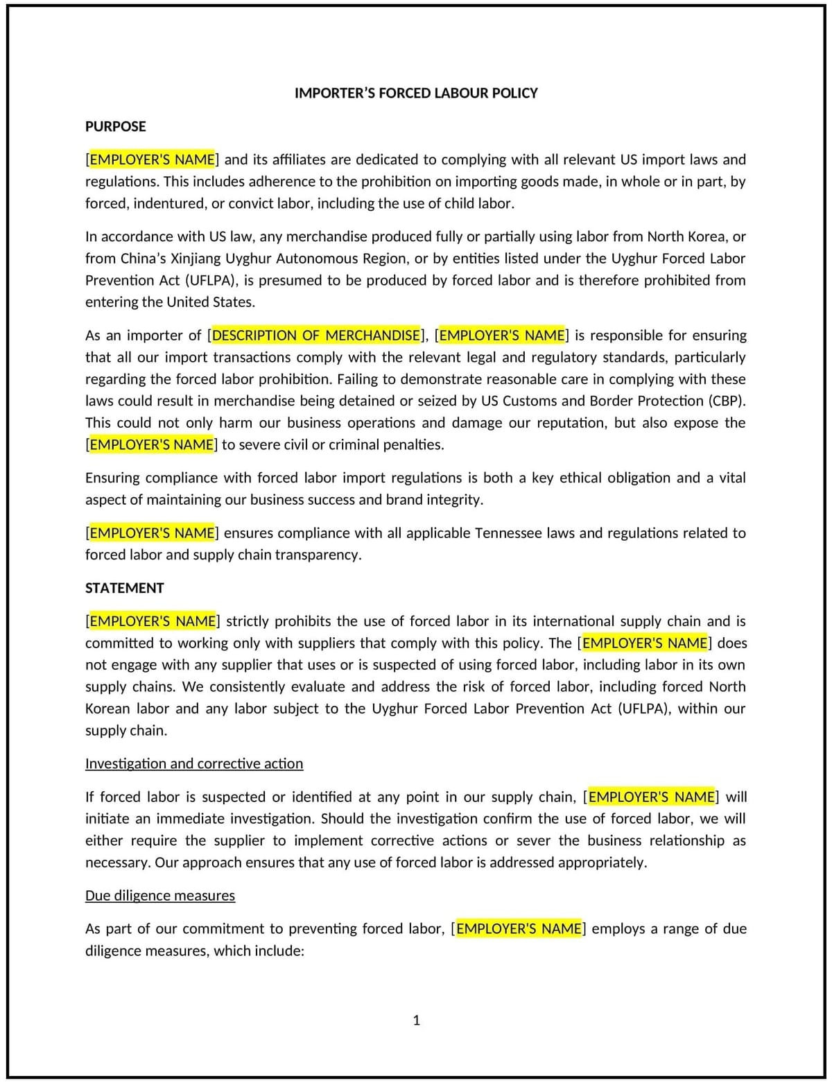 Importer’s forced labour policy (Tennessee): Free template