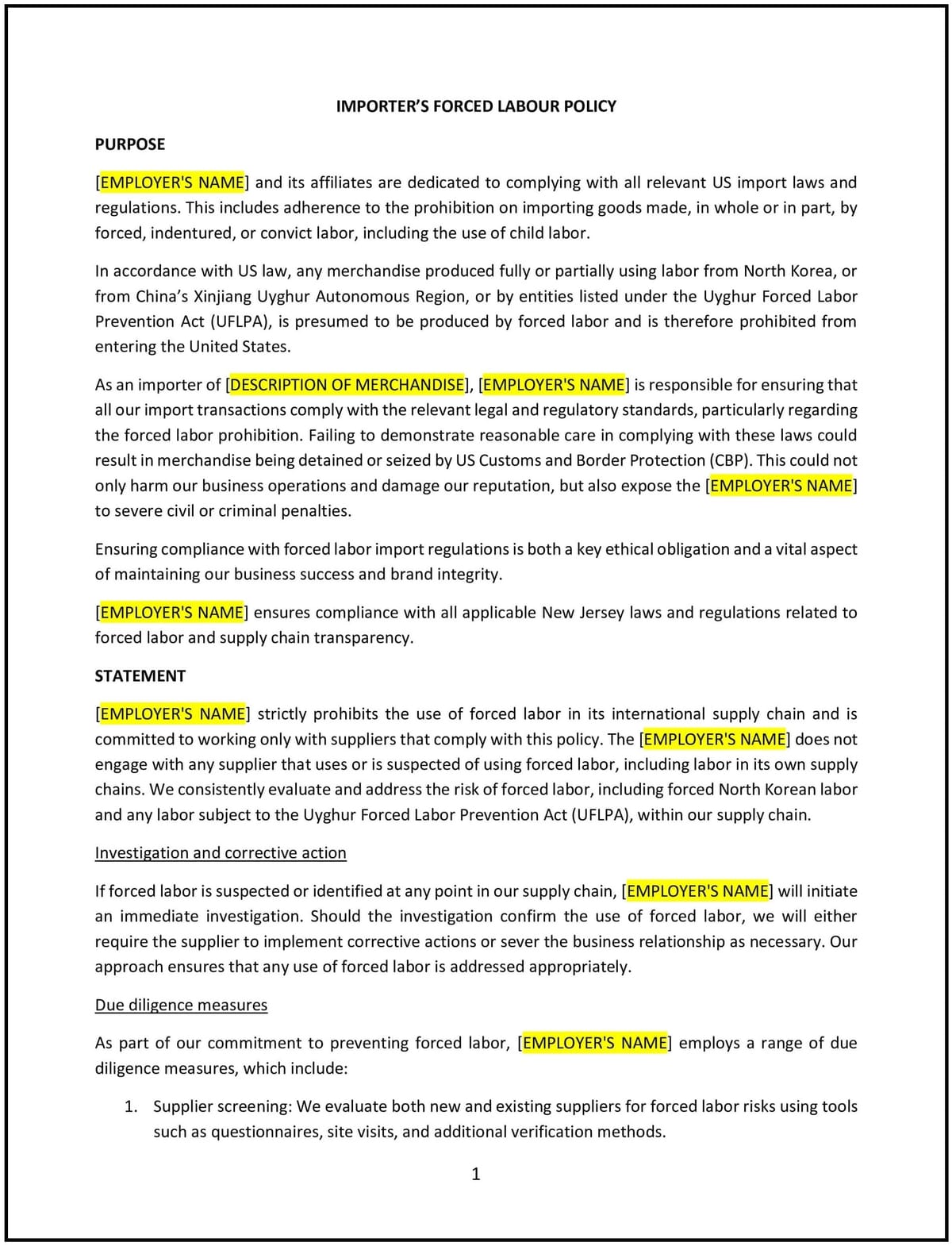 Importer’s forced labour policy (New Jersey): Free template