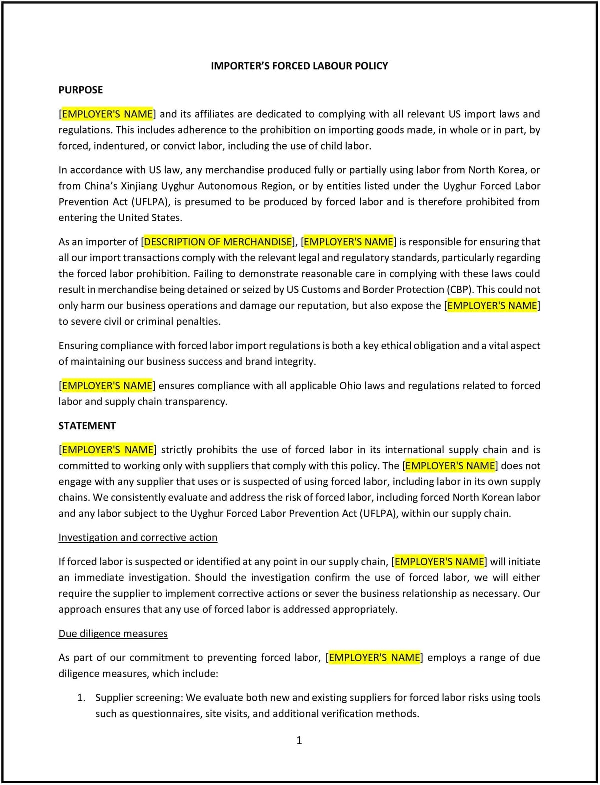 Importer's forced labour policy (Ohio): Free template