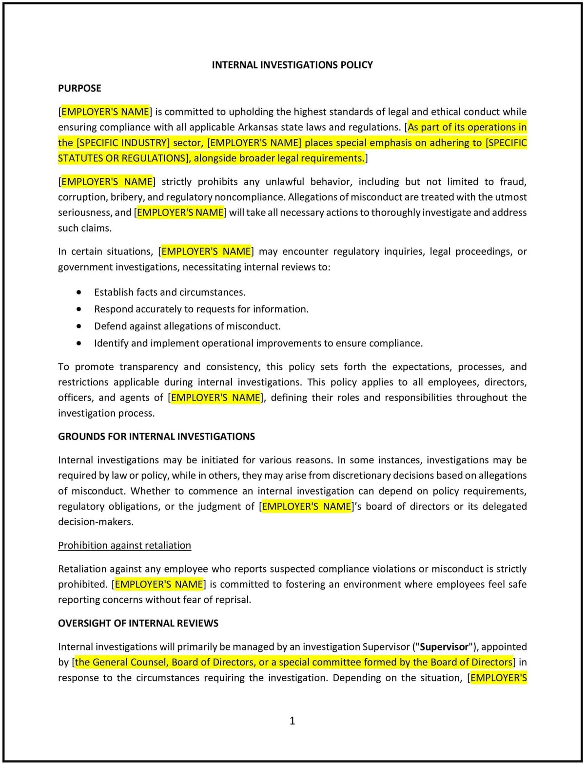 Internal investigations policy (Arkansas): Free template