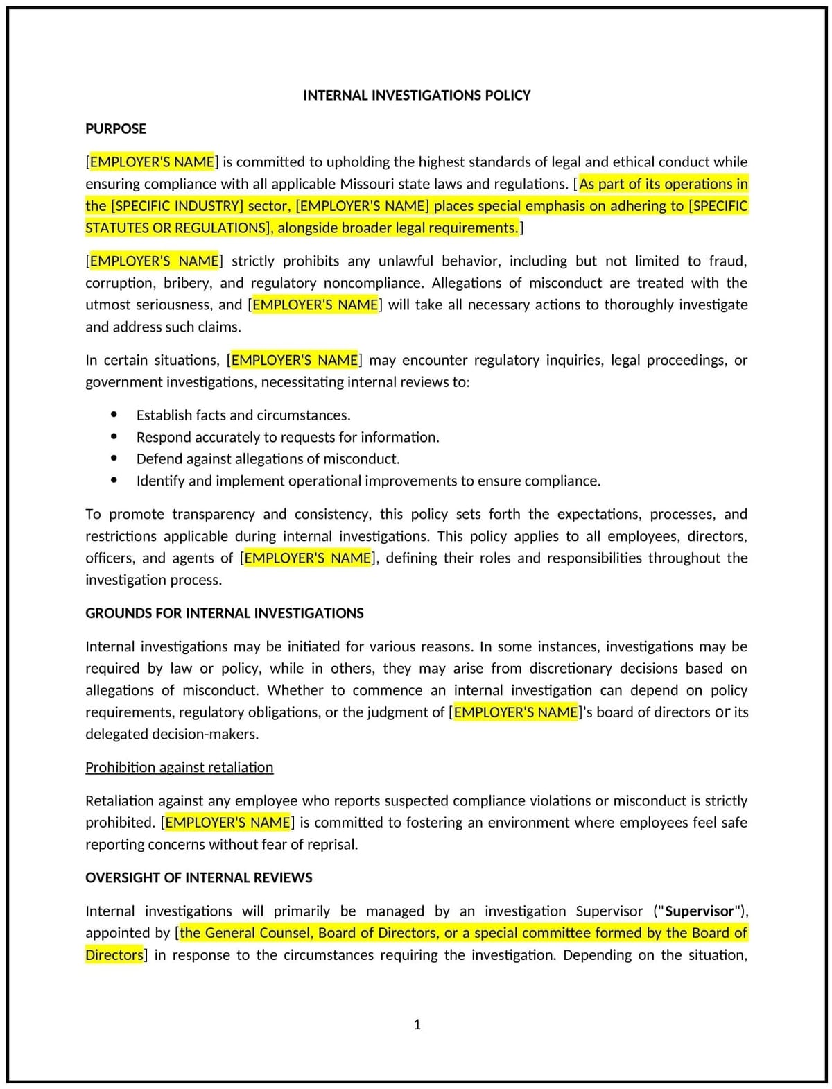 Internal investigations policy (Missouri): Free template