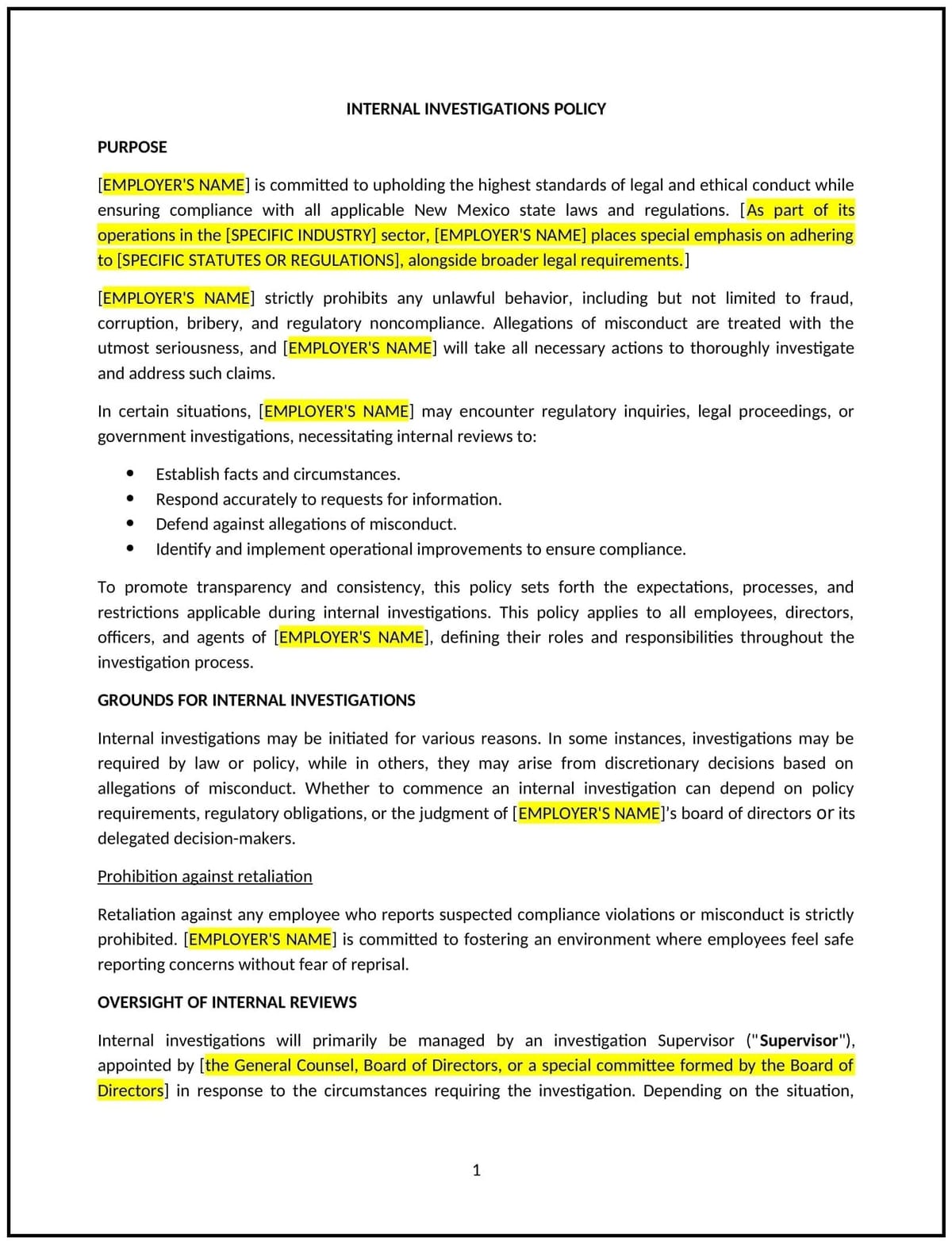 Internal investigations policy (New Mexico): Free template