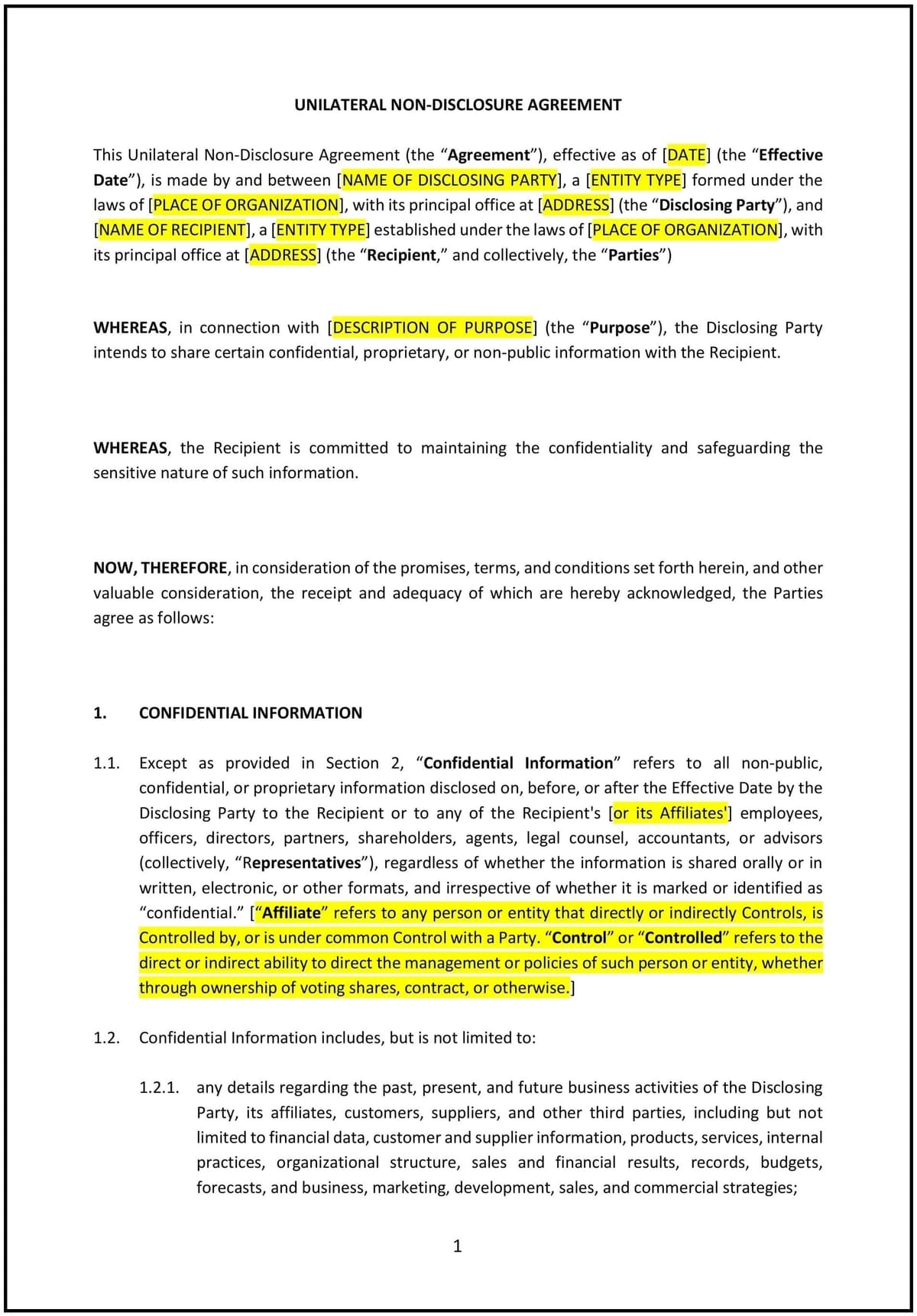 Non-Disclosure Agreement (Unilateral) (Georgia): Free template