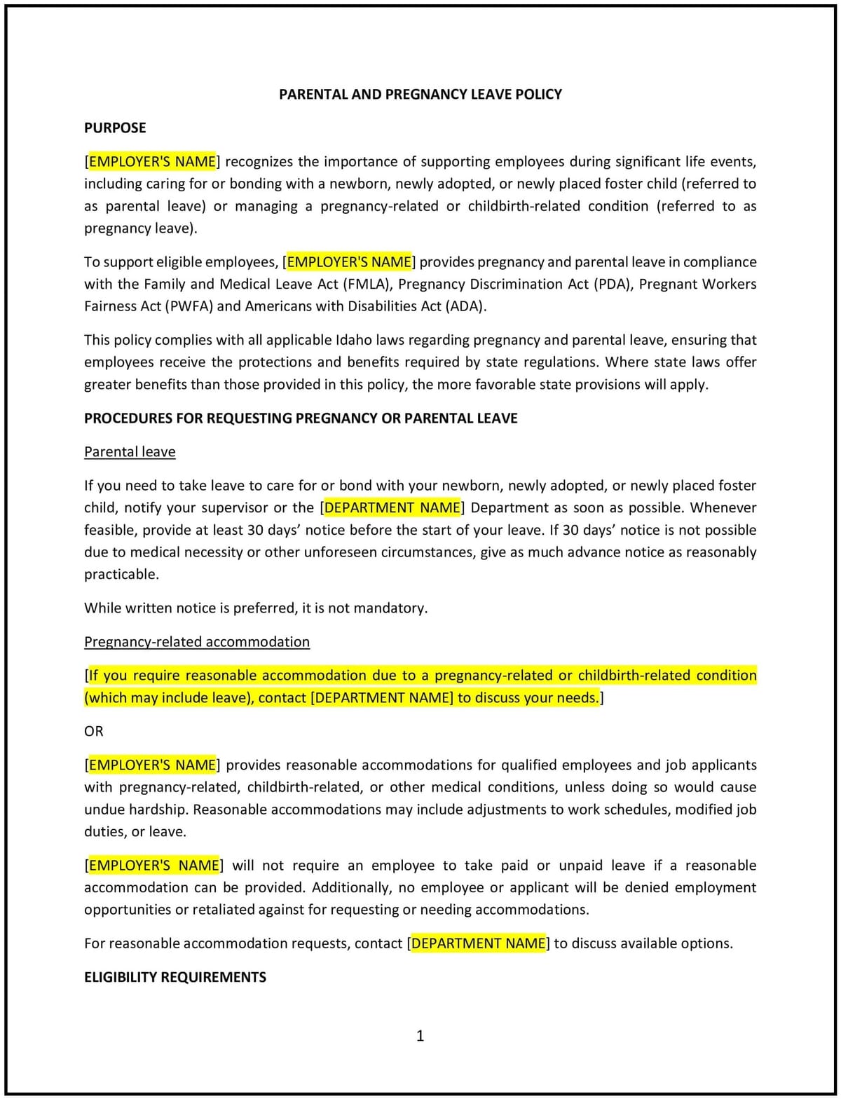 Parental and pregnancy leave policy (Idaho): Free template