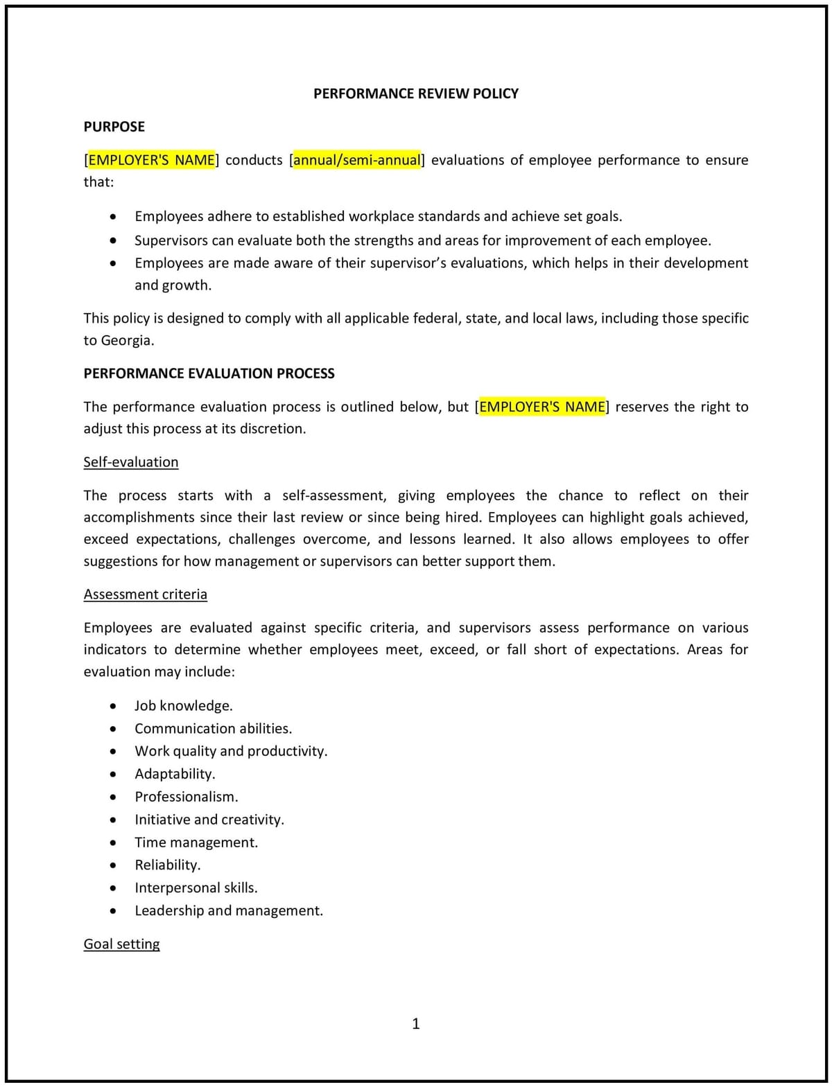 Performance review policy (Georgia): Free template