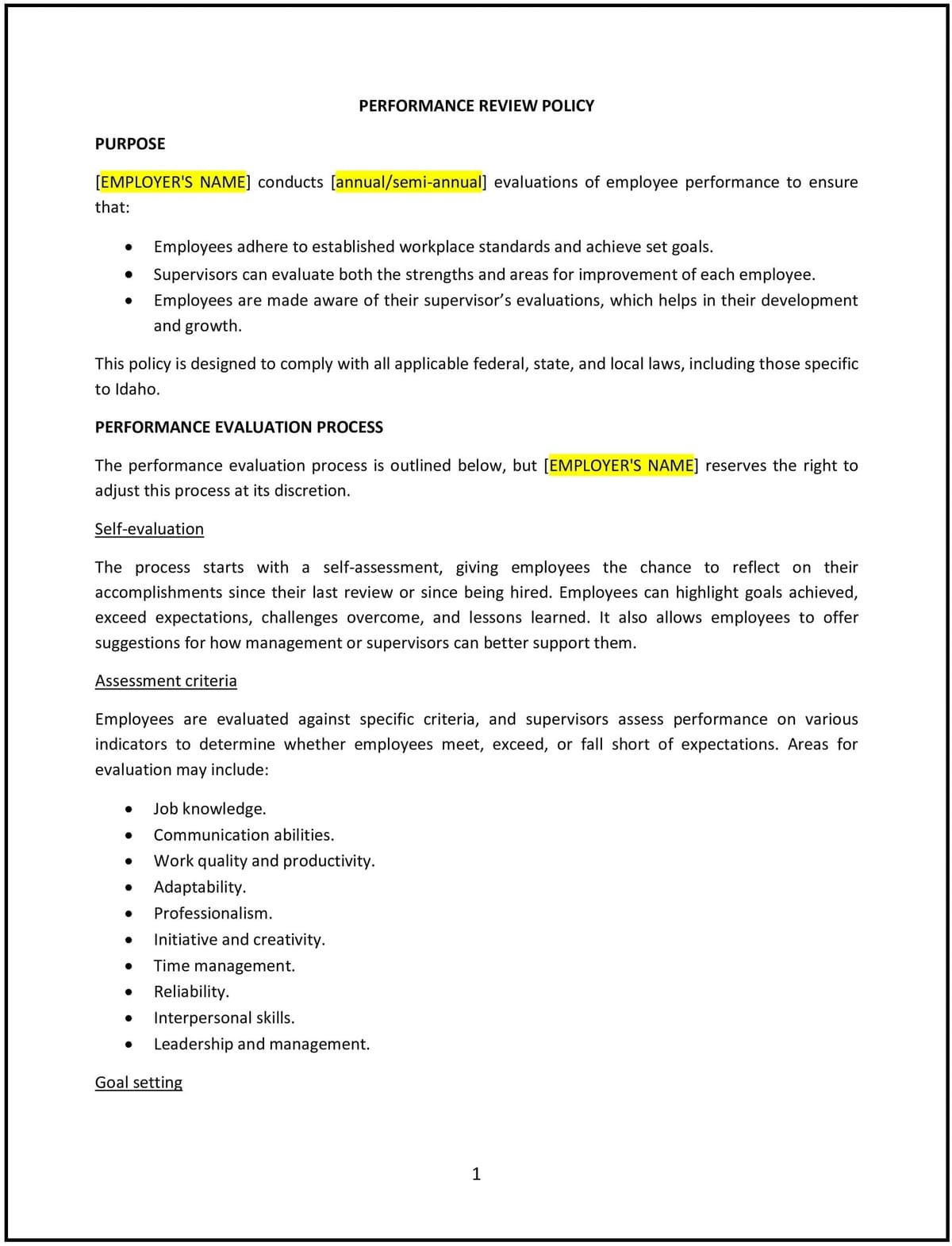 Performance review policy (Idaho): Free template
