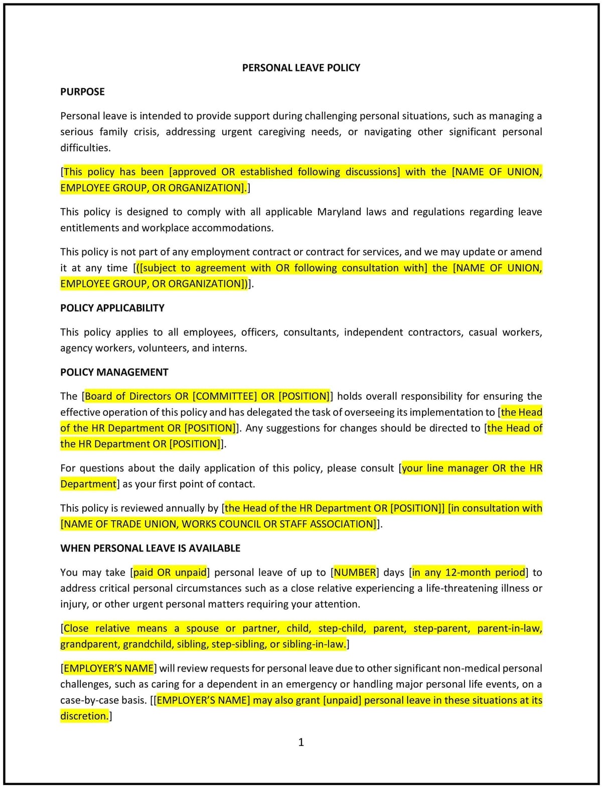 Personal leave policy (Maryland): Free template