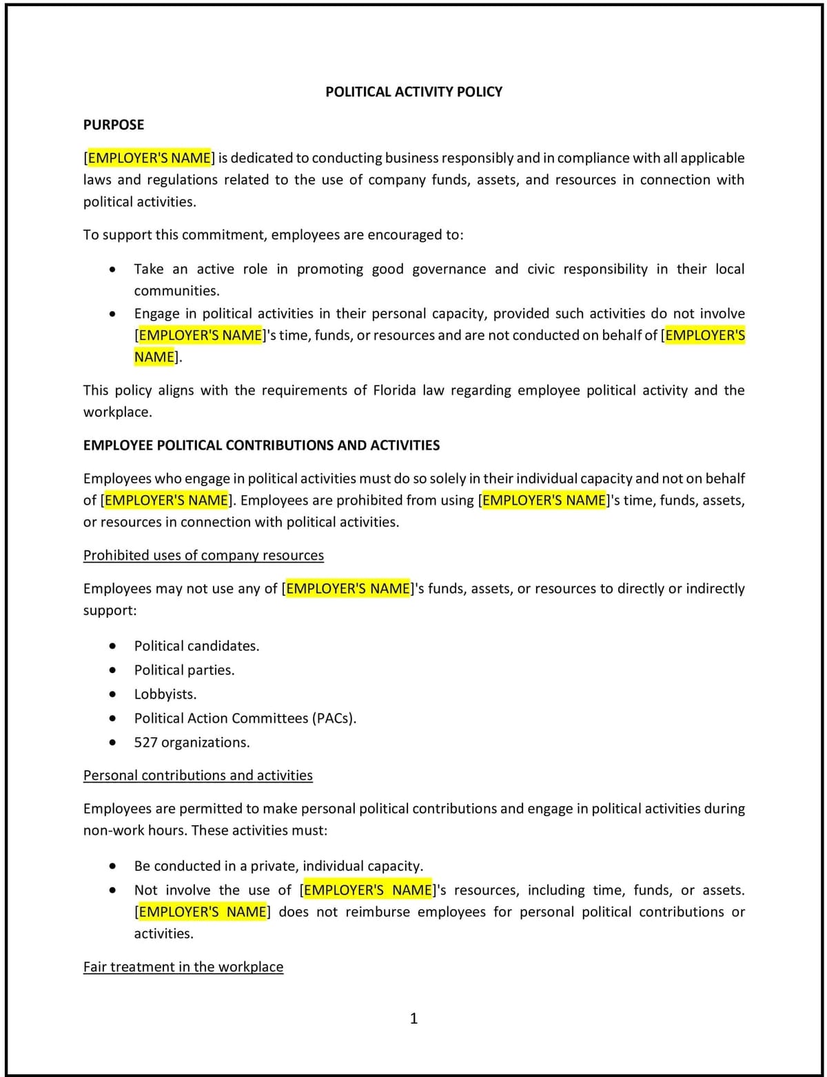 Political activity policy (Florida): Free template