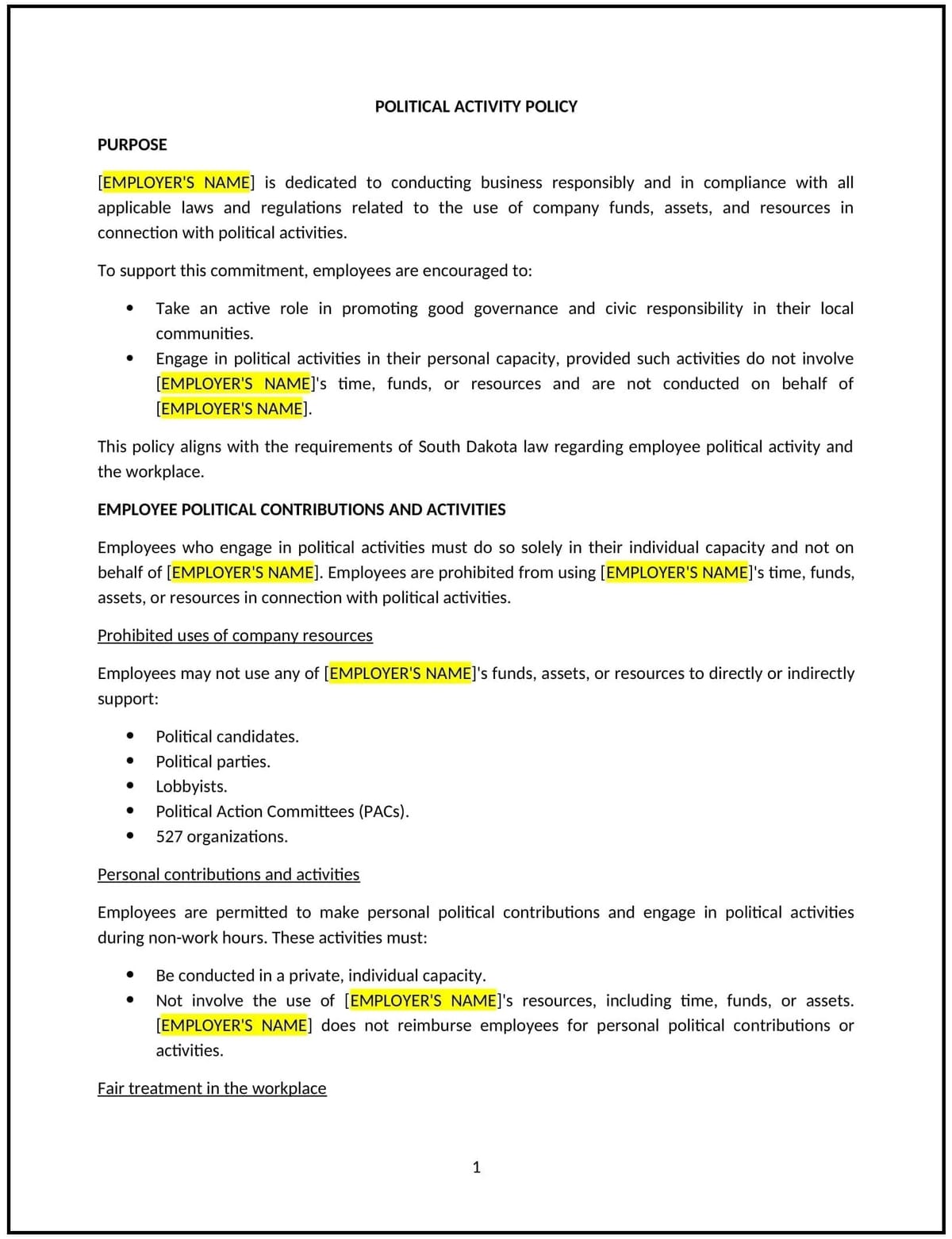 Political activity policy (South Dakota): Free template