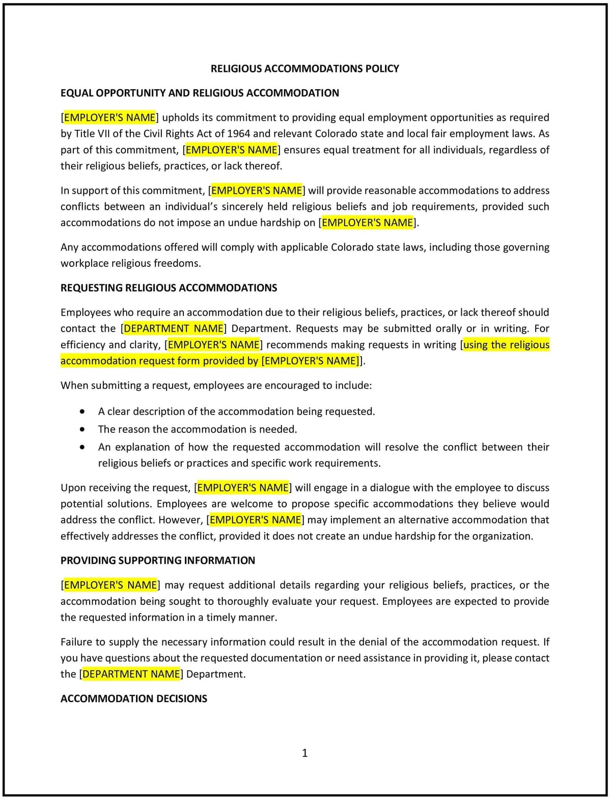 Religious accommodations policy (Colorado): Free template