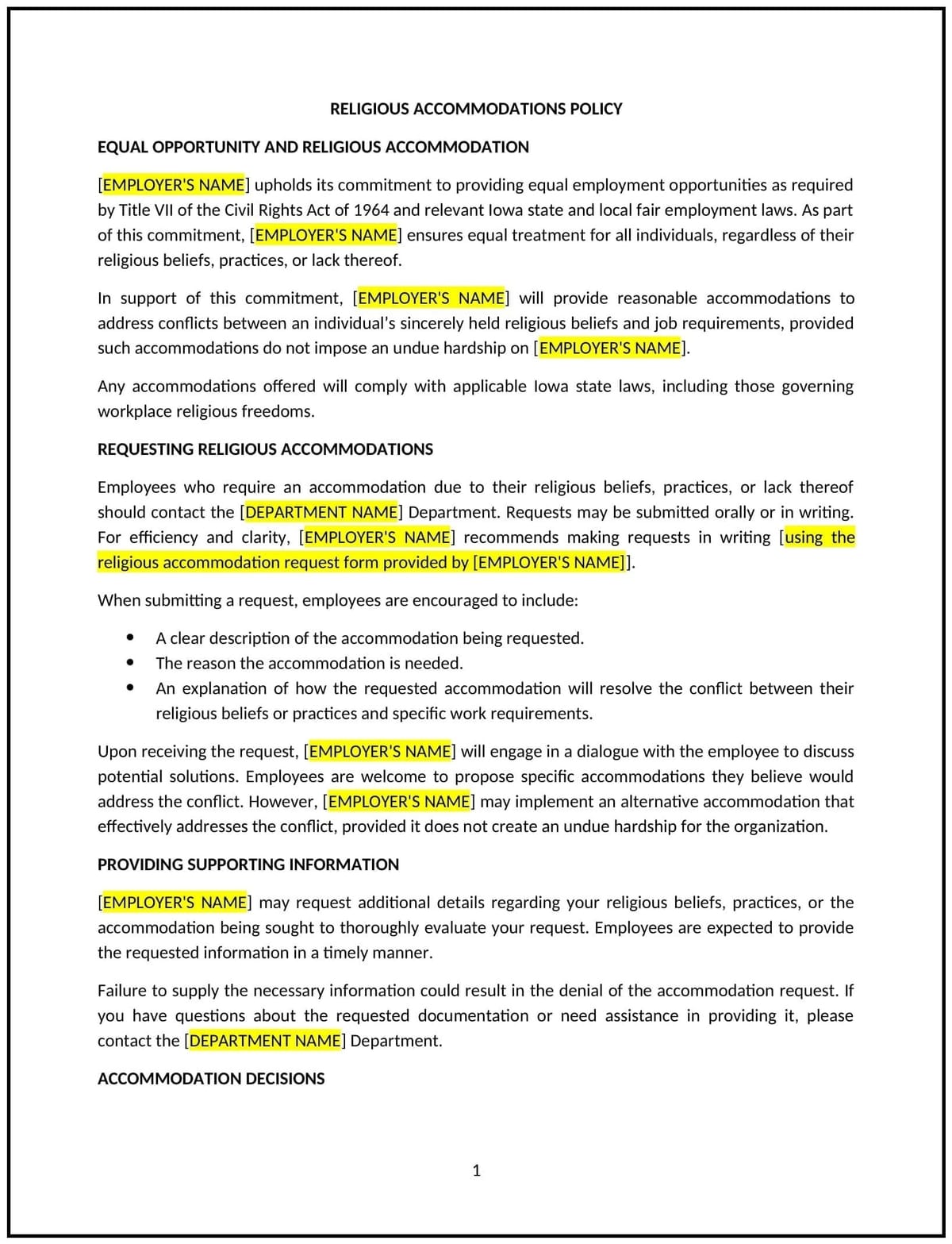 Religious accommodations policy (Iowa): Free template