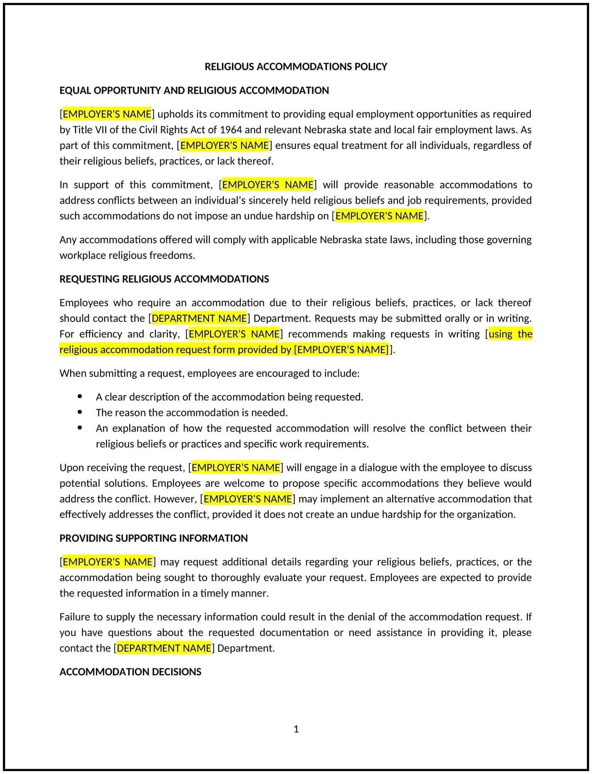 Religious accommodations policy (Nebraska): Free template