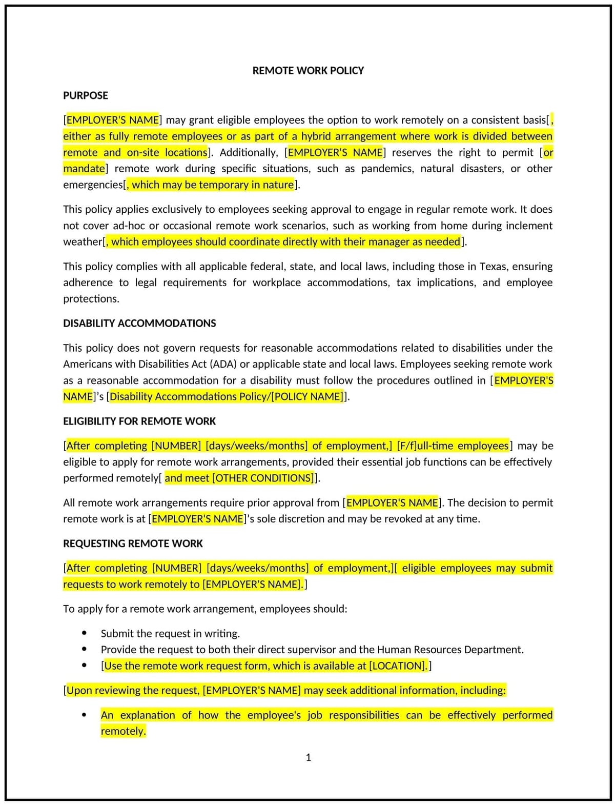 Remote work policy (Texas): Free template