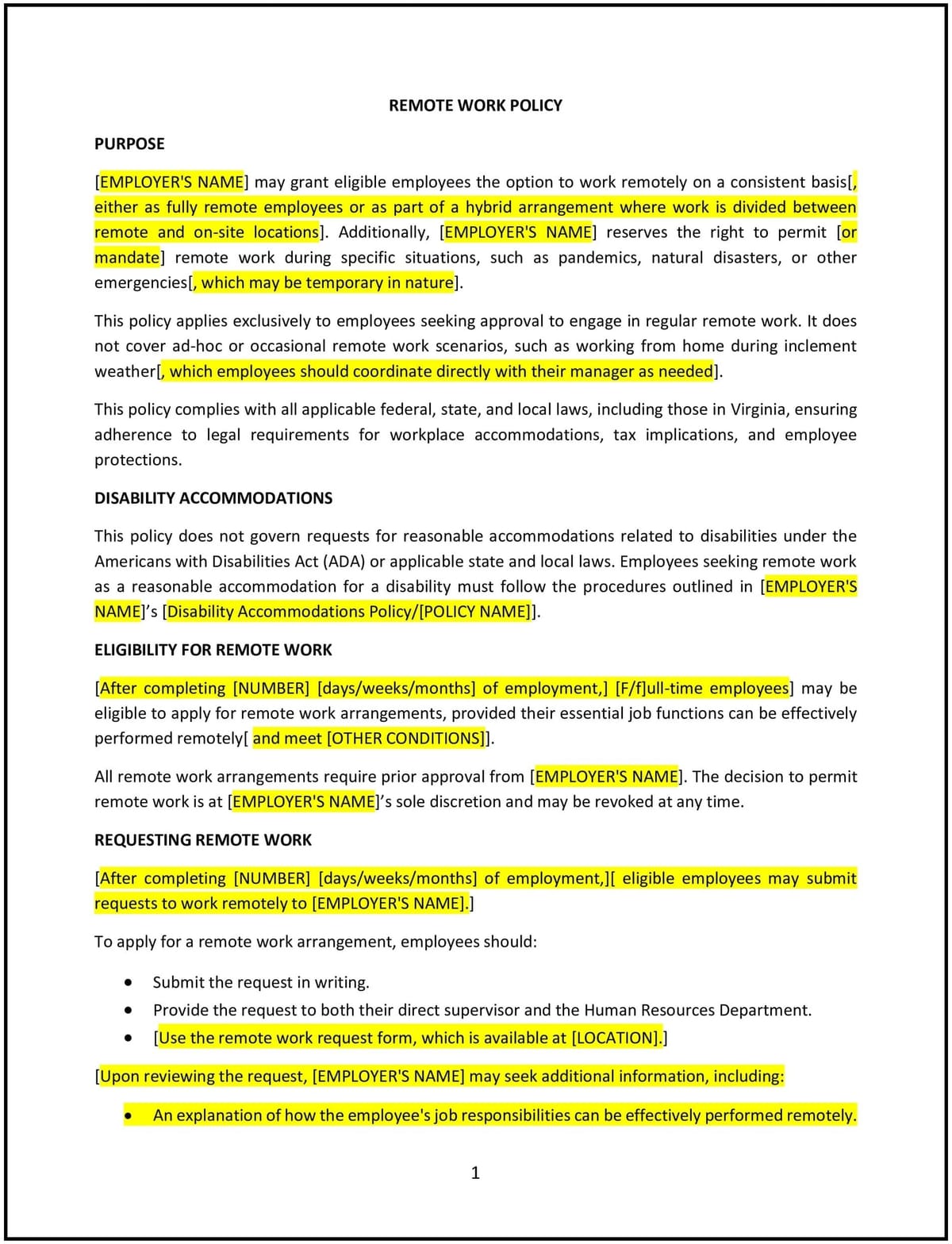 Remote work policy (Virginia): Free template
