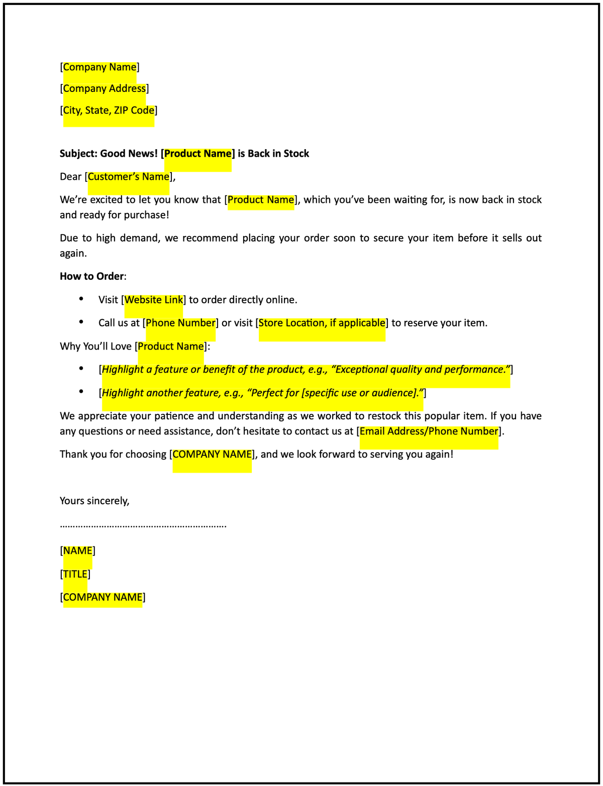 Notification letter of product back-in-stock: Free template