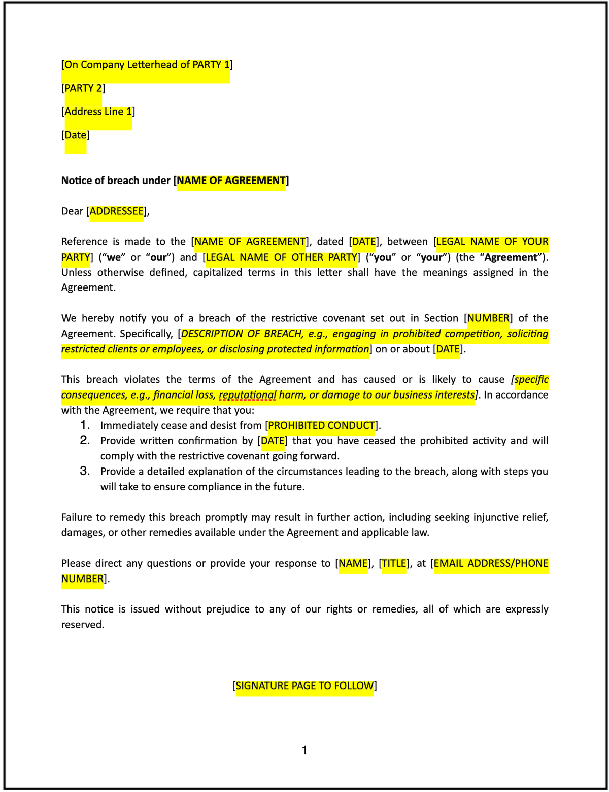 Notification letter of breach of restrictive covenant: Free template