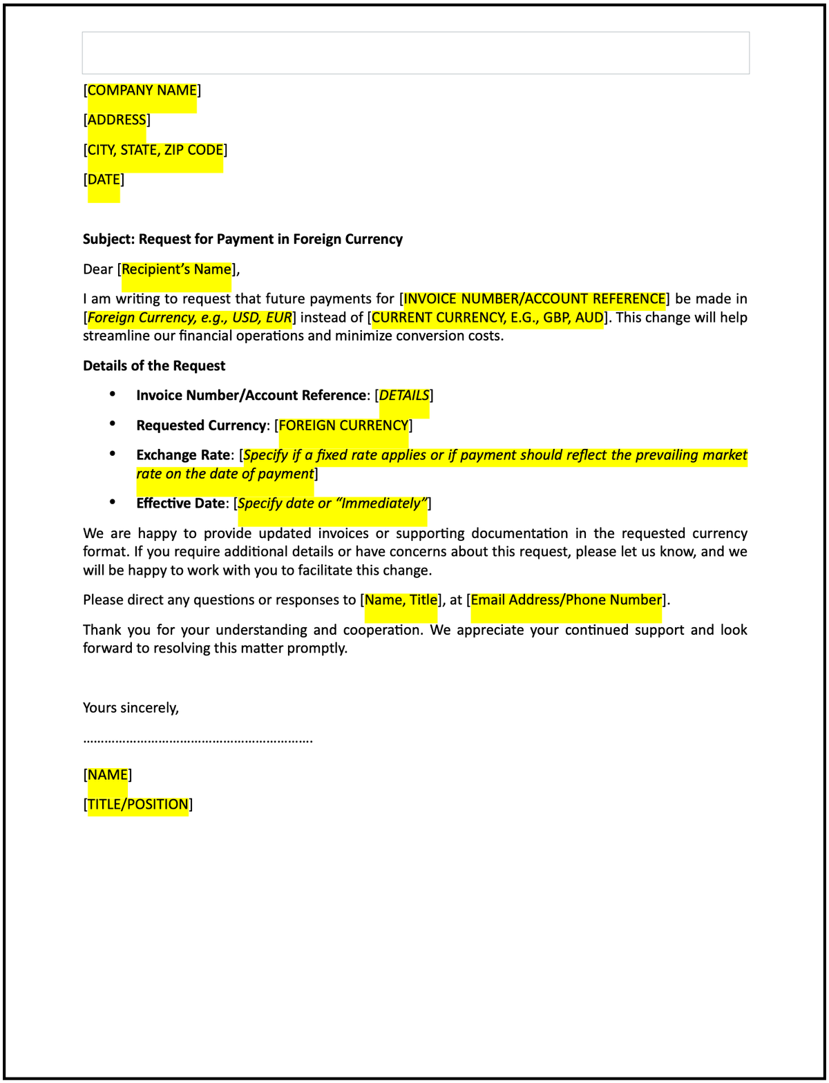Letter of request for payment in a foreign currency: Free template