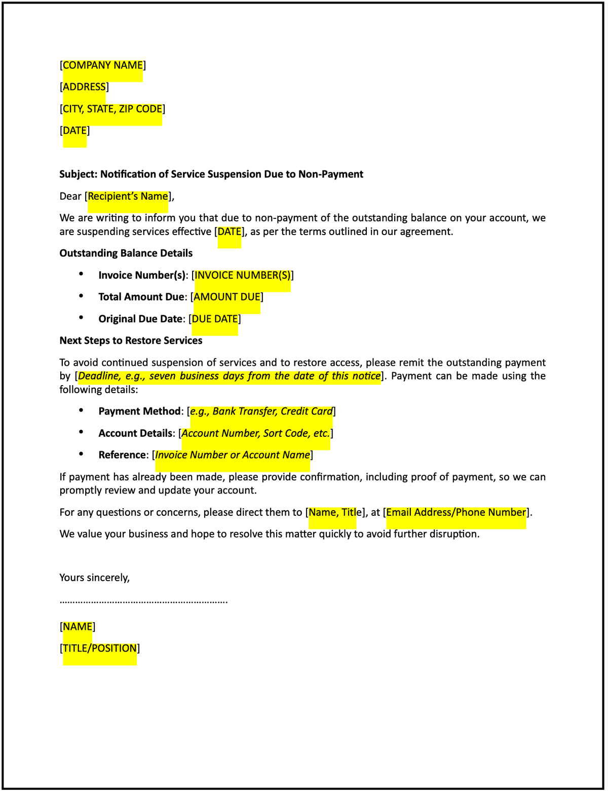 Letter of suspension of services due to non-payment: Free template