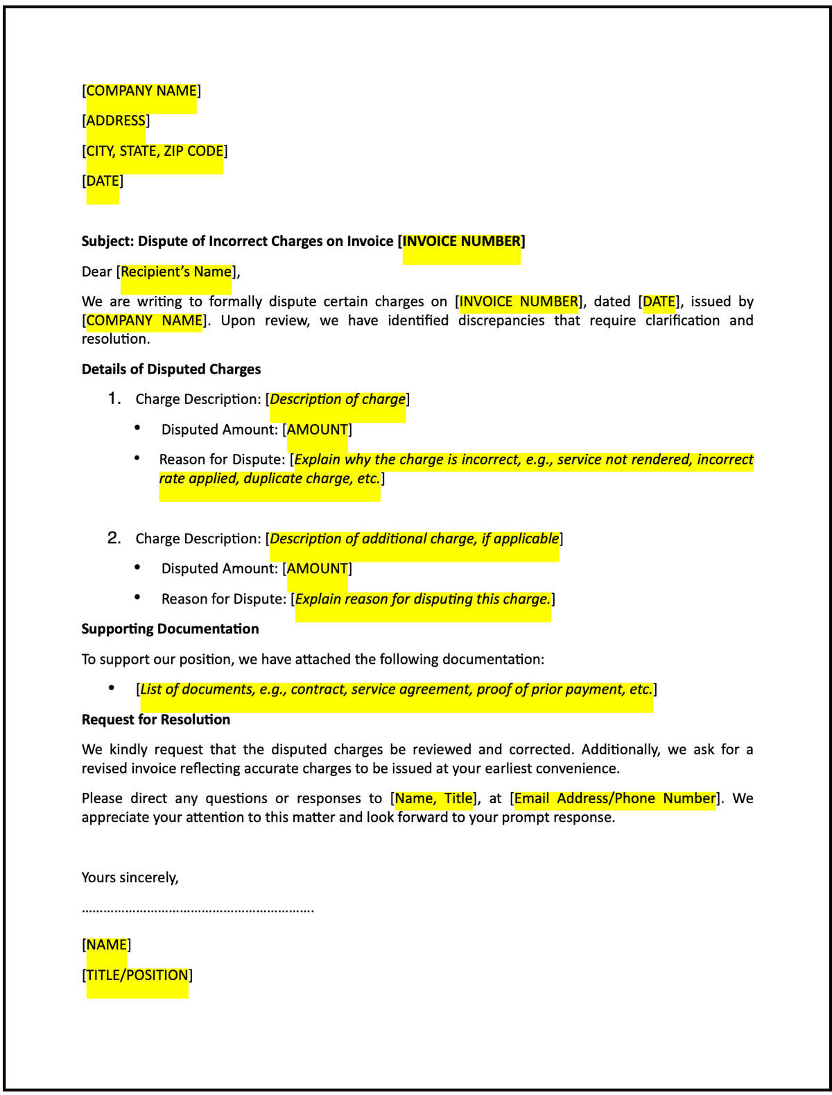 Letter disputing incorrect charges on an invoice: Free template