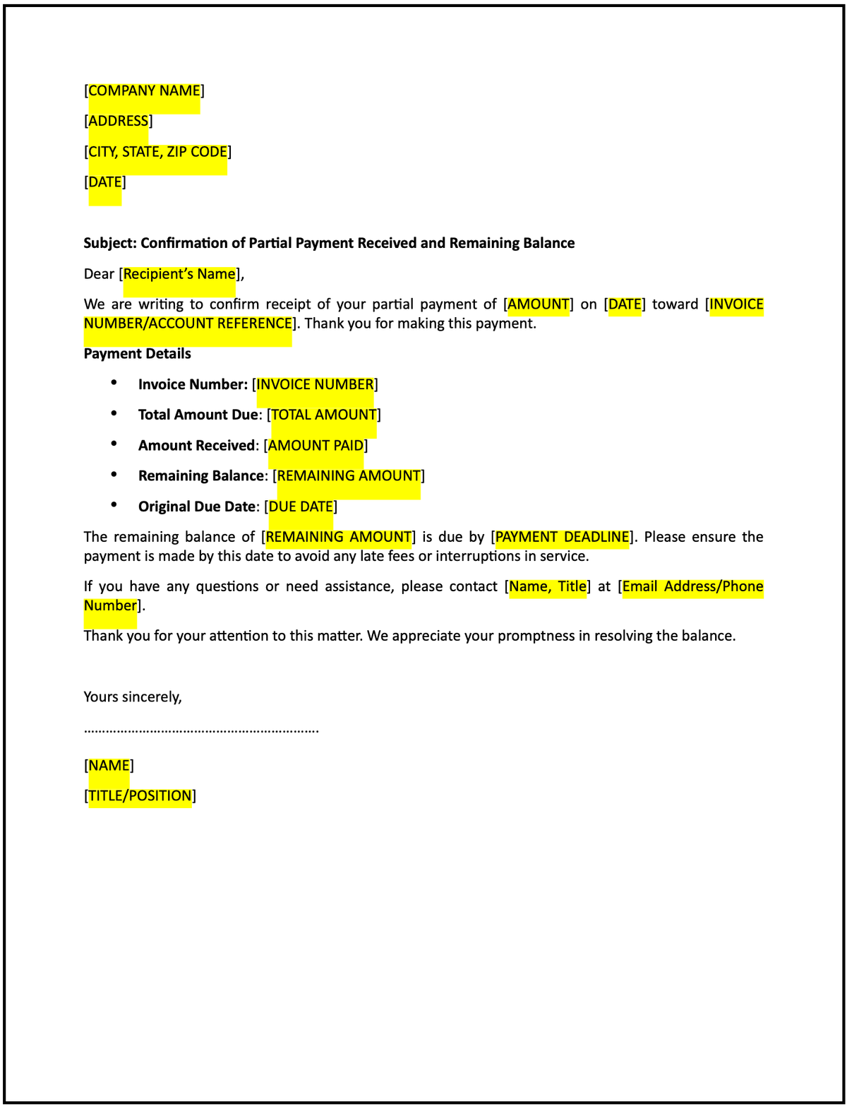 Letter confirming partial payment received and remaining balance: Free ...