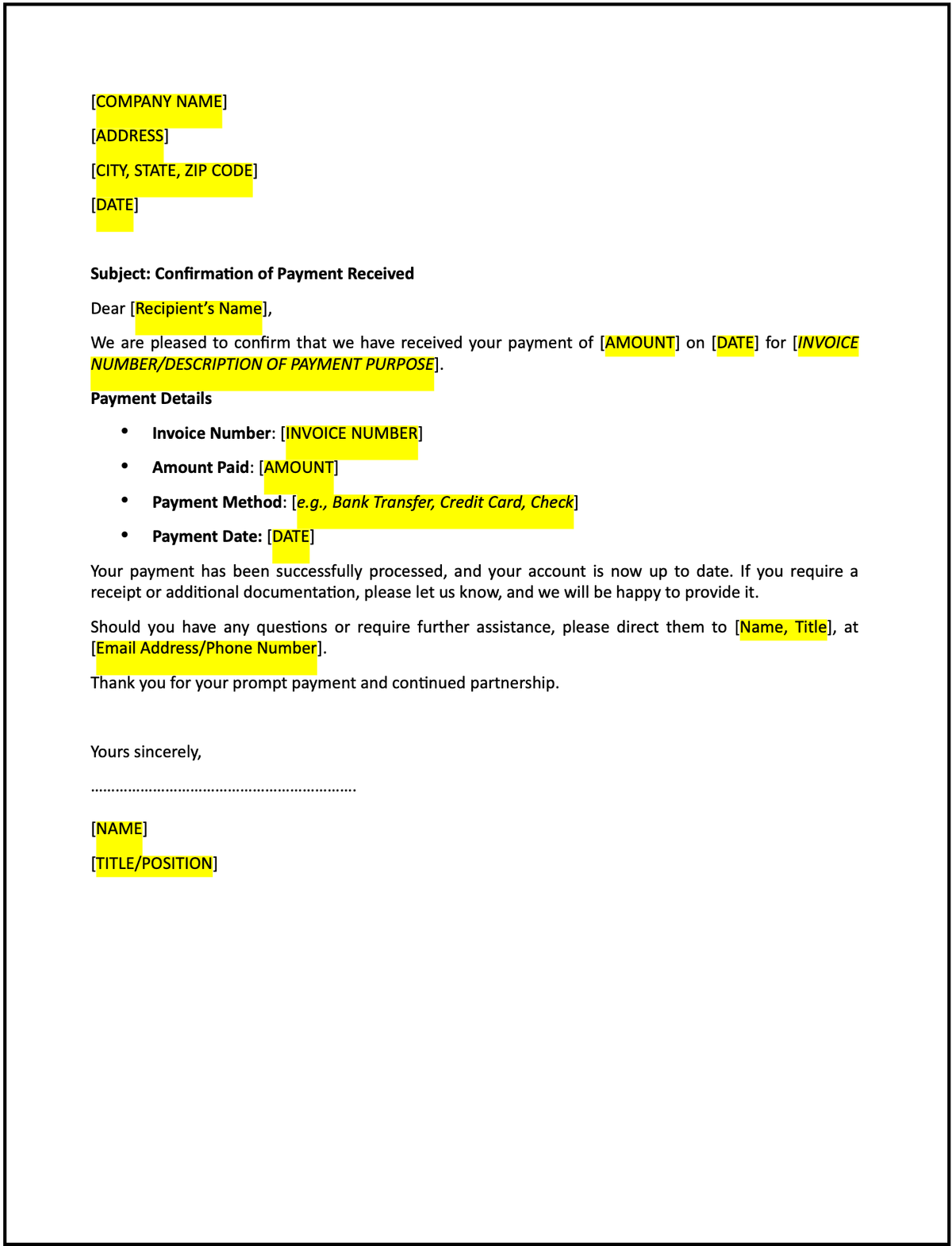 Confirmation of payment letter: Free template