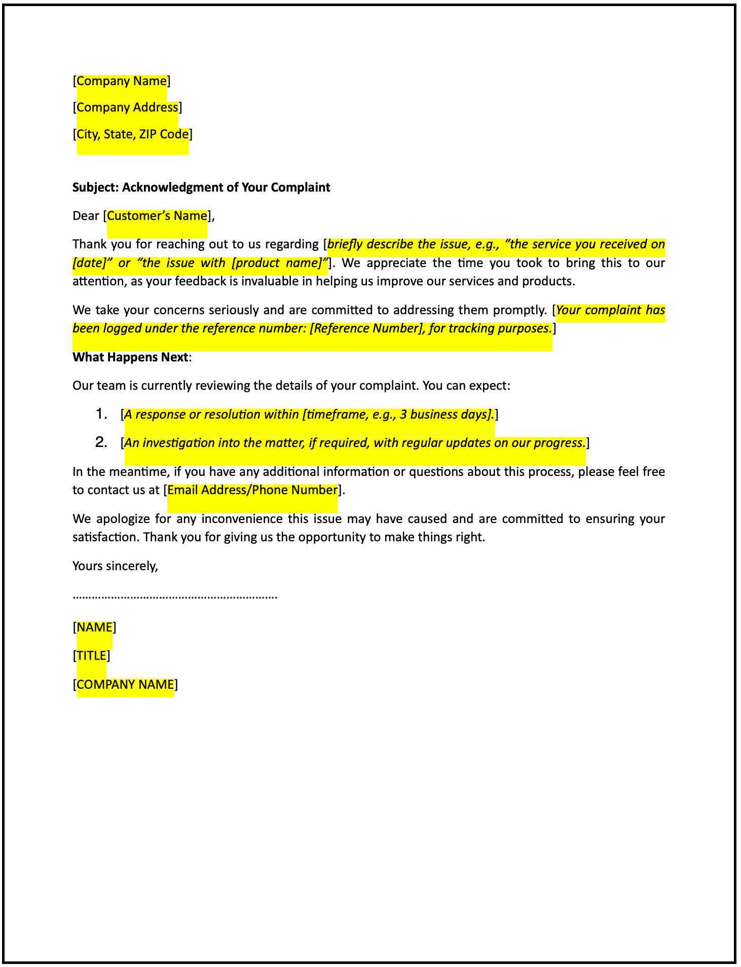 Letter acknowledging receipt of a customer complaint: Free template